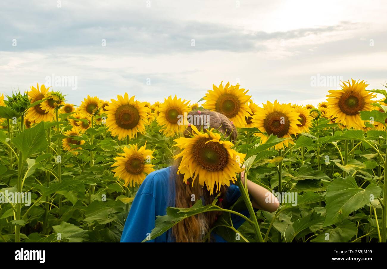 faceless girl hides her face behind a large flower in a field of ...