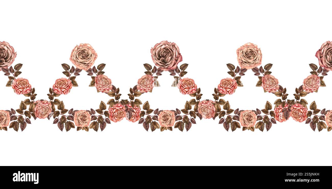 Floral seamless border. Vintage pink roses with green leaves. . Pink ...