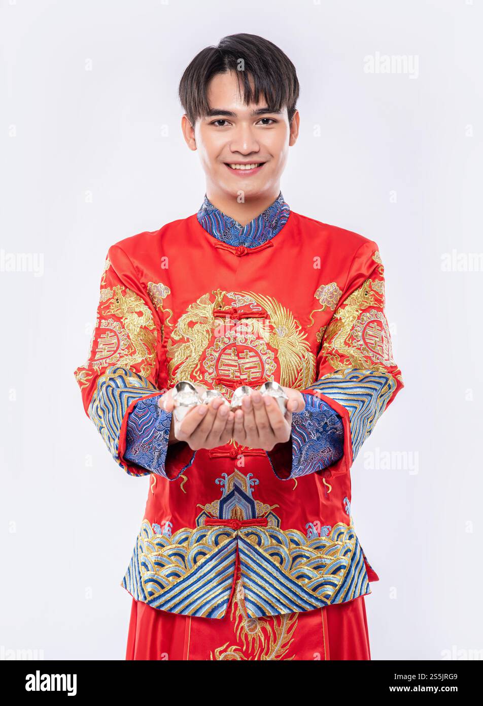 Man wear Cheongsam suit smile and standing to give the gift money to ...