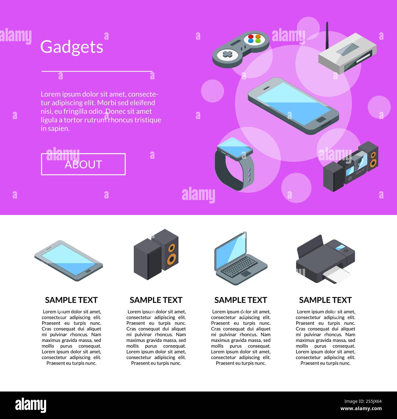 Vector isometric gadgets icons landing page template with text info ...