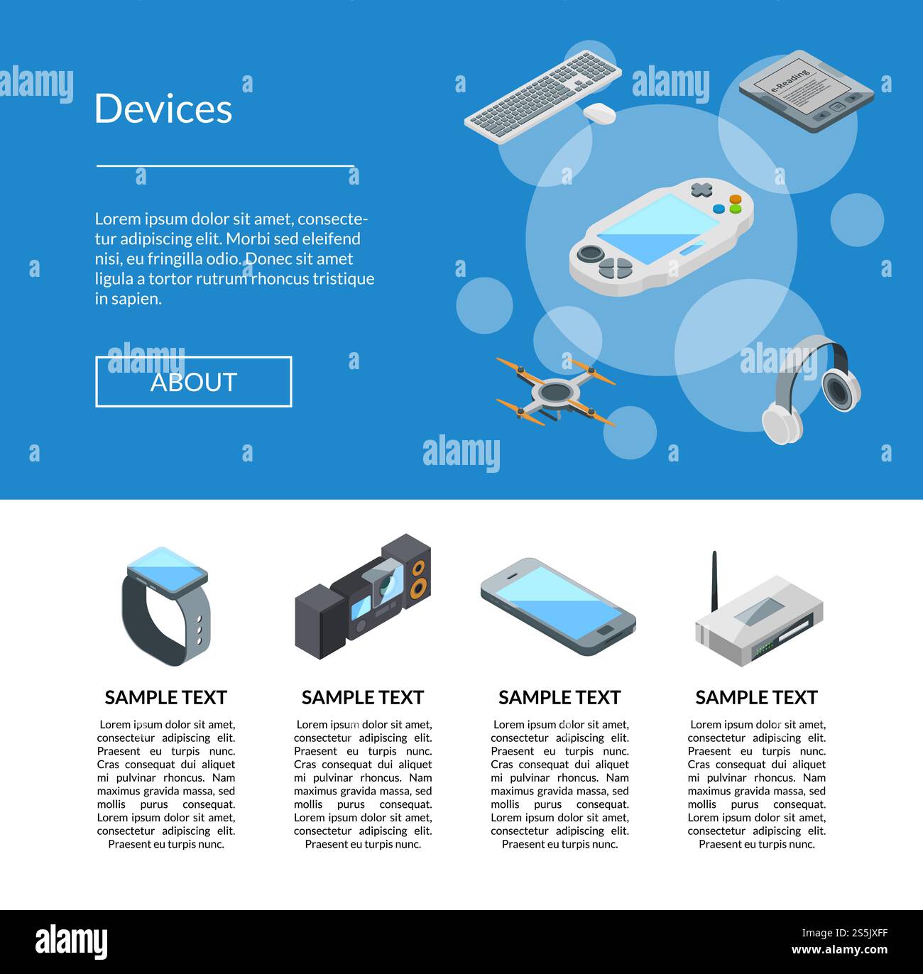 Vector isometric gadgets icons landing page template website with text ...