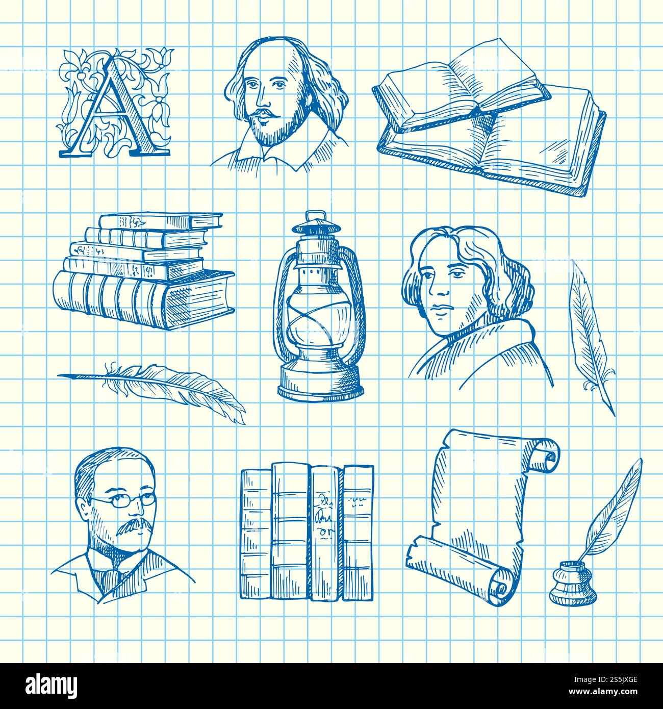 Vector hand drawn theatre elements set on blue cell sheet background ...