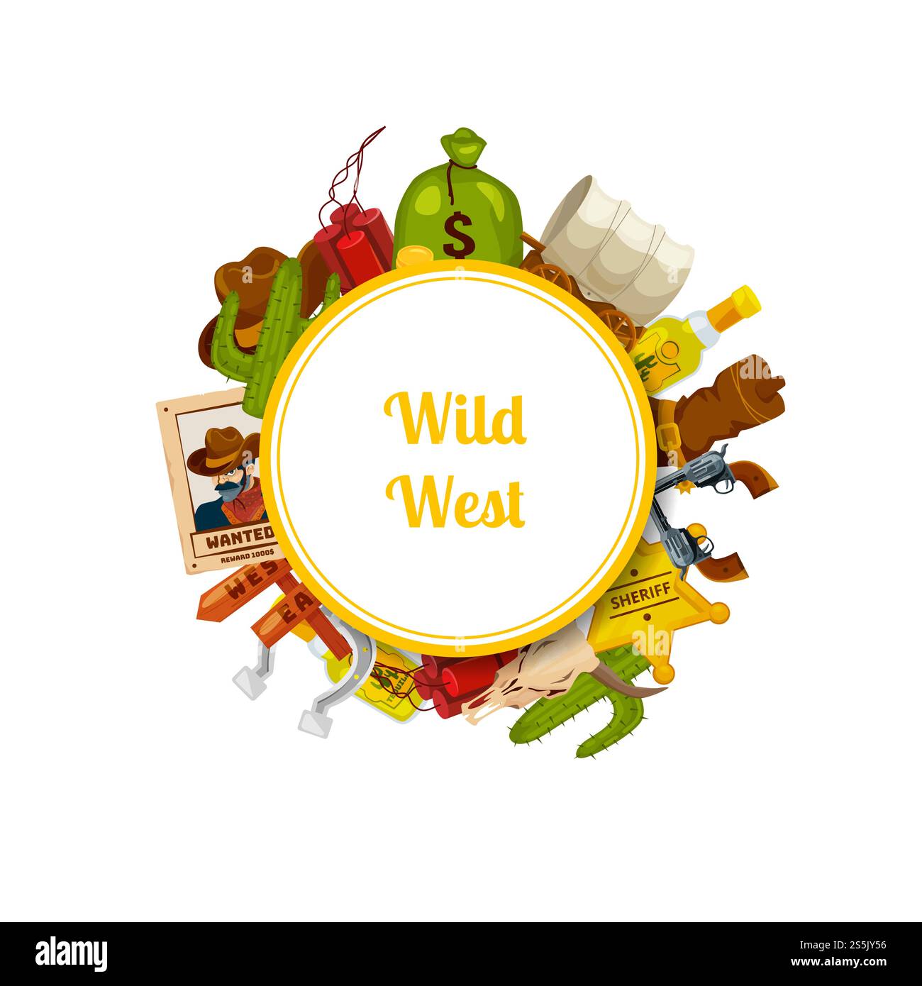 Vector cartoon wild west elements under circle with place for text ...