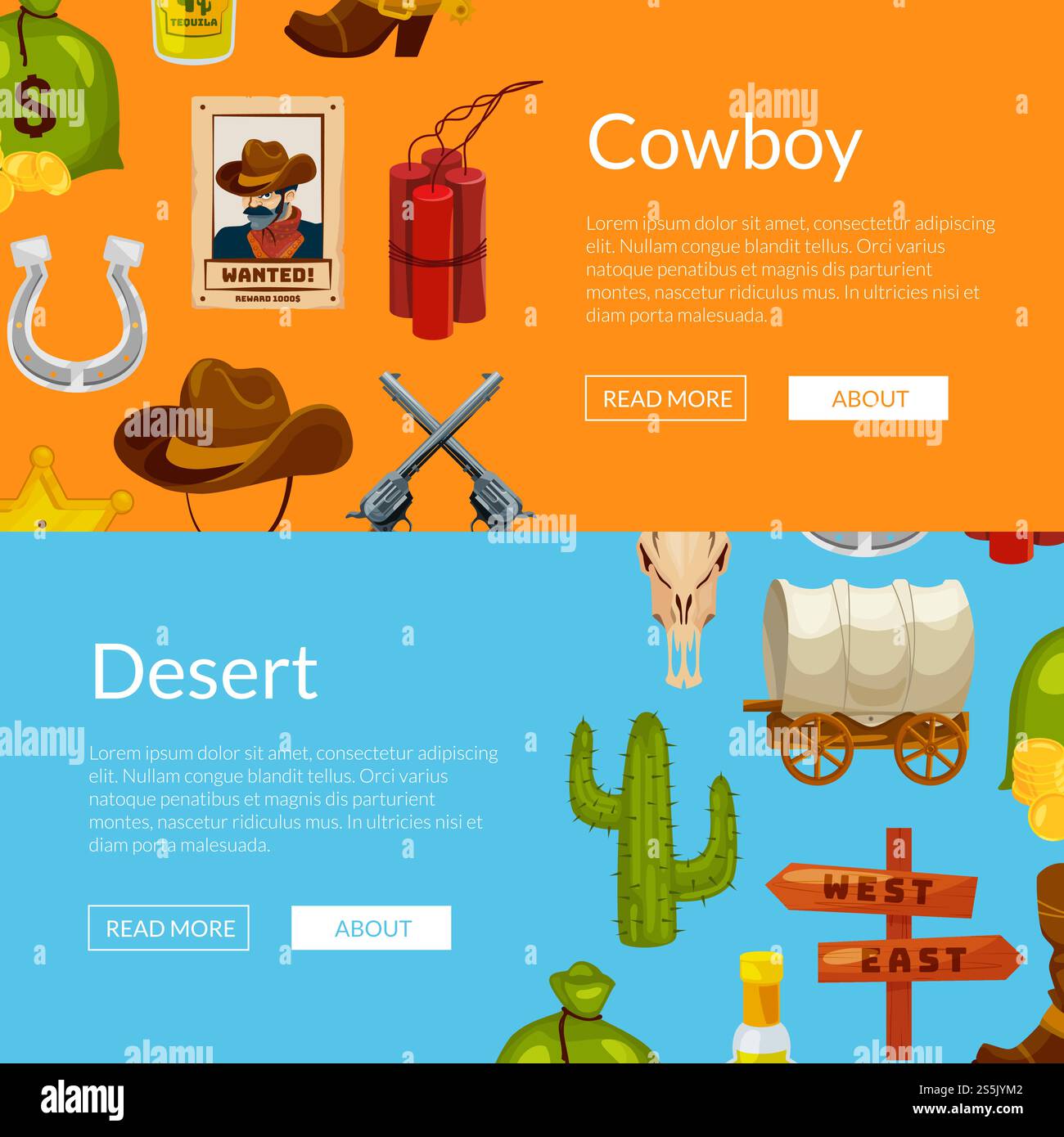 Vector cartoon wild west elements web banner and poster page templates ...