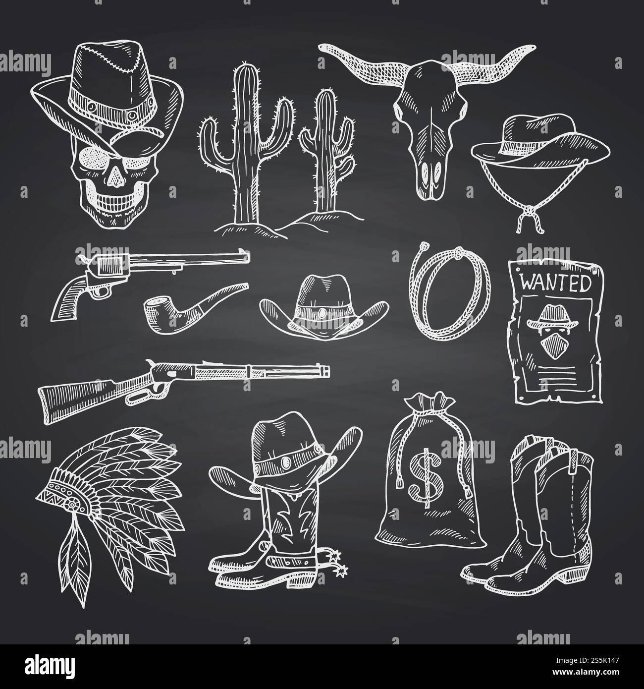 Vector hand drawn wild west cowboy elements set on black chalkboard ...