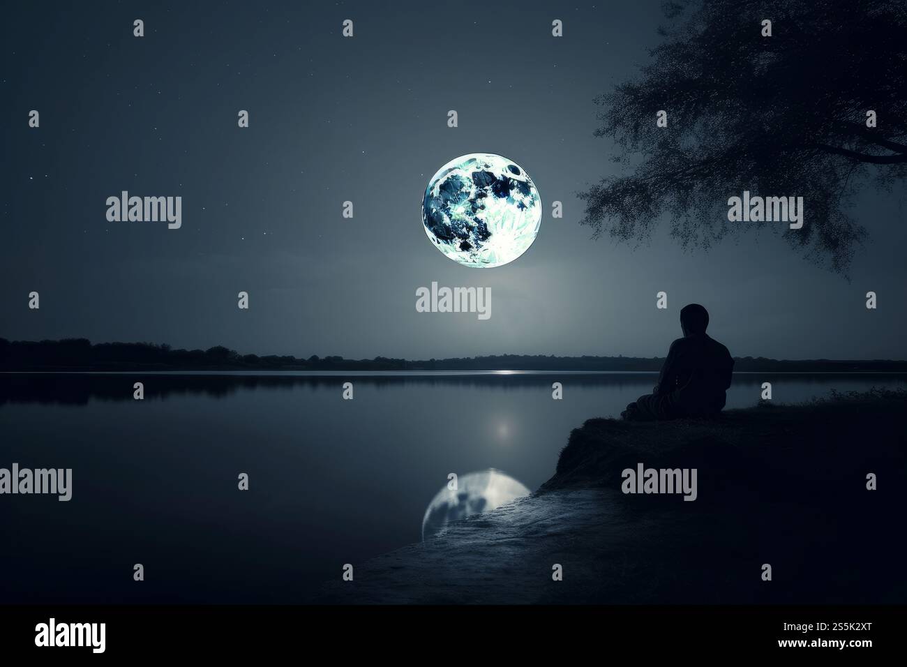 Moon night man near river. Nature landscape. Generate Ai Stock Photo ...