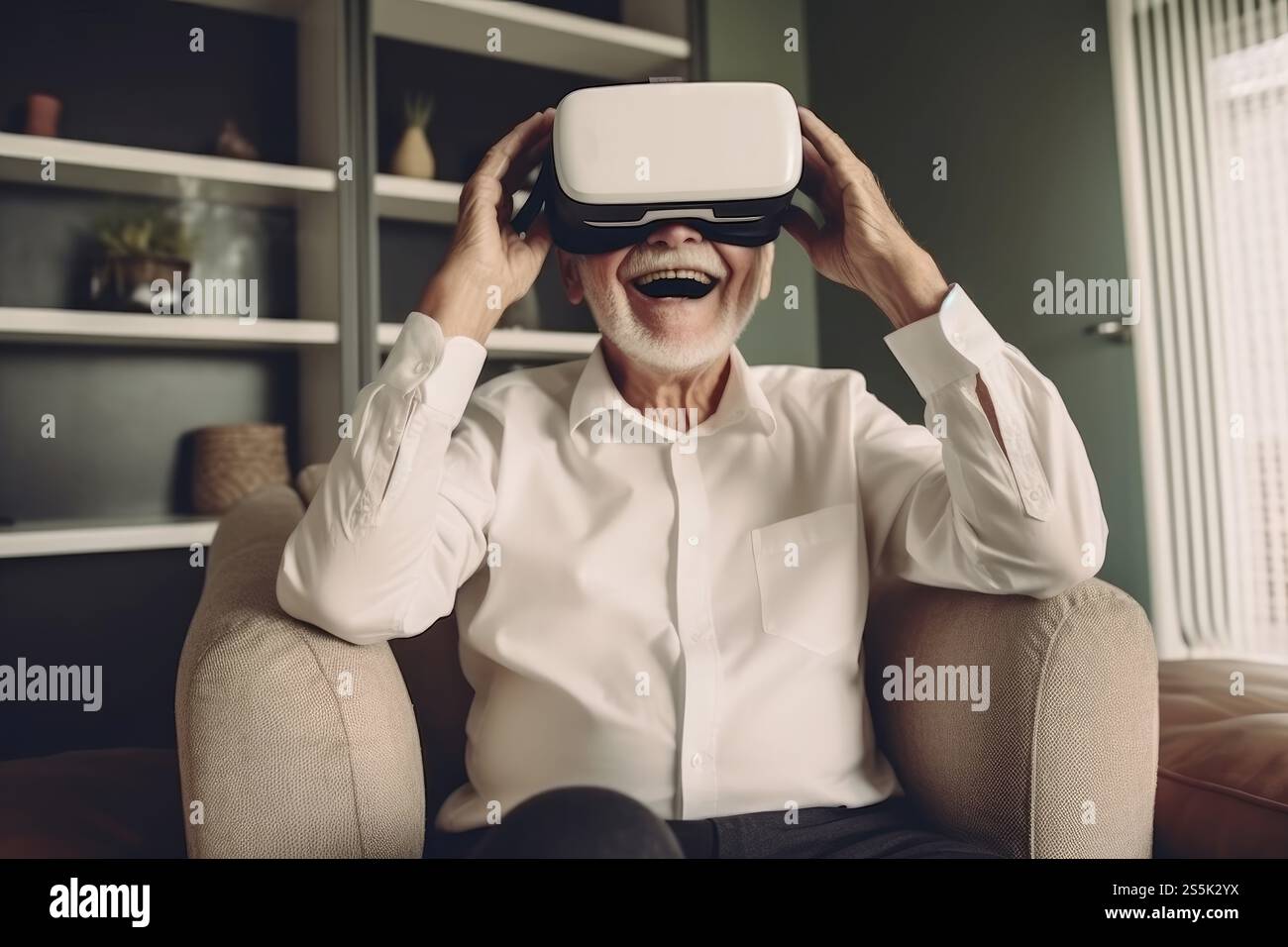 Old man happy in vr glasses. Happy game. Fictional person. Generate Ai ...