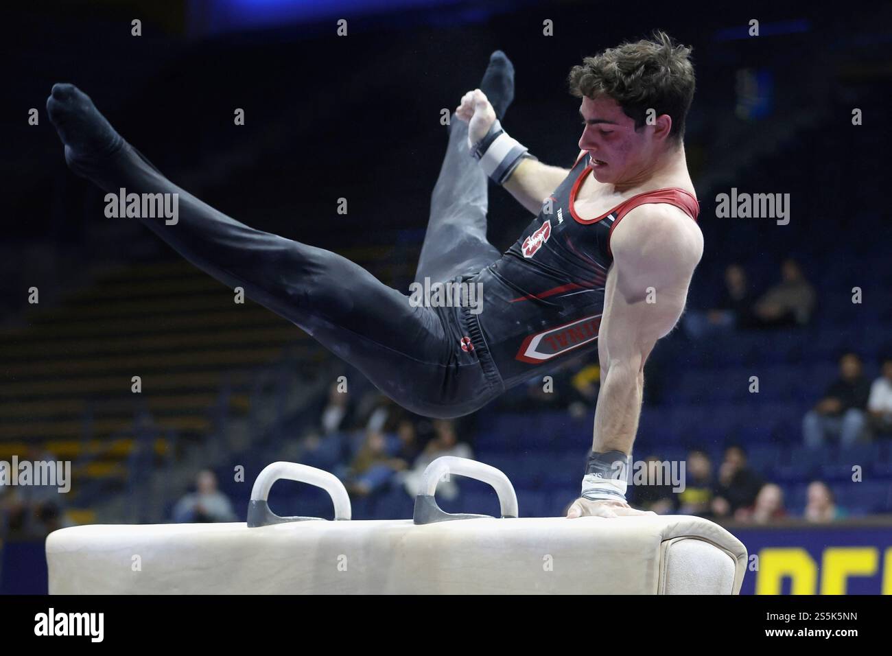 Ian Lasic-Ellis of Stanford competes on the pommel horse during an NCAA ...