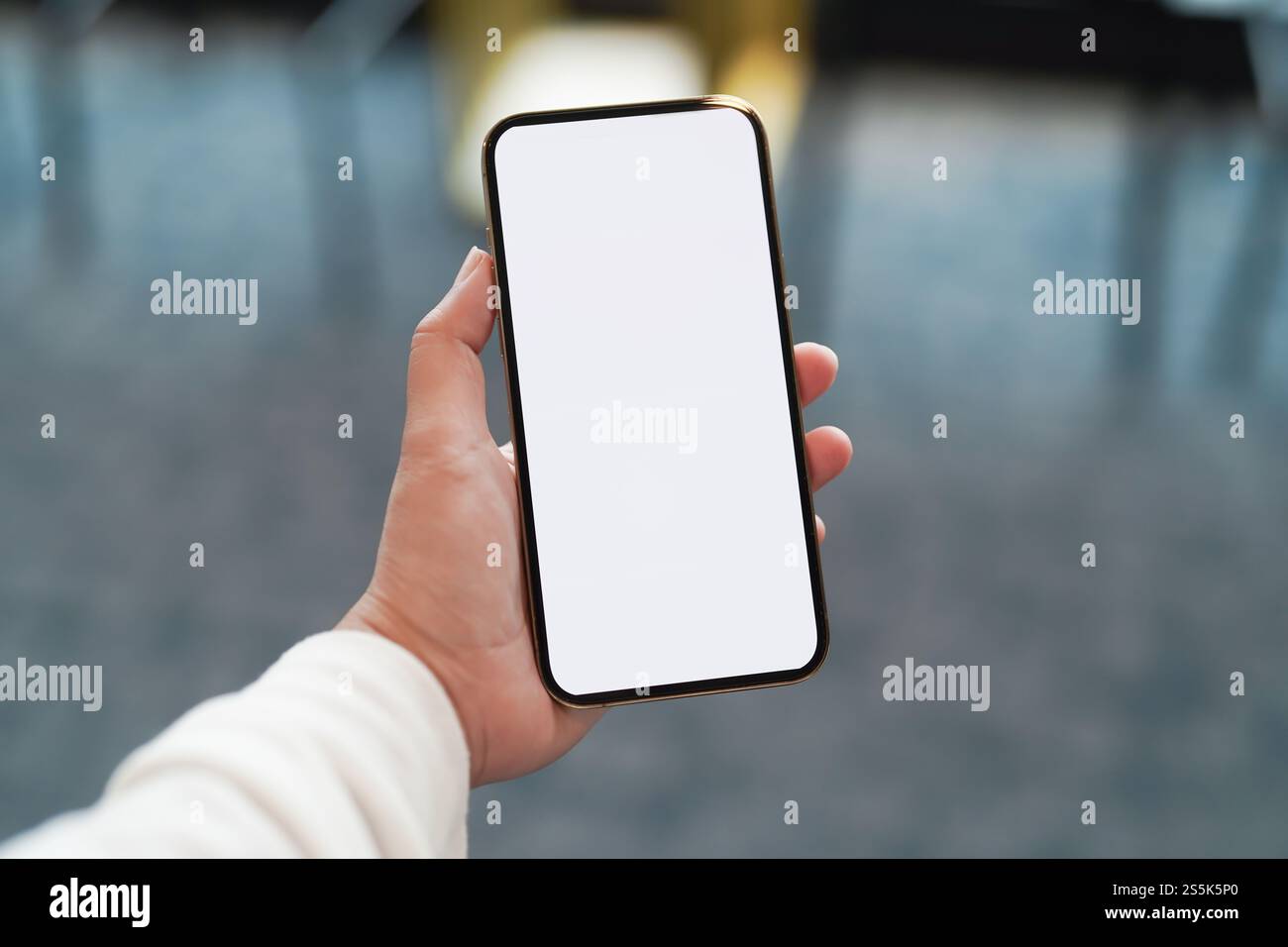 Women's hands holding cell telephone blank copy space screen ...