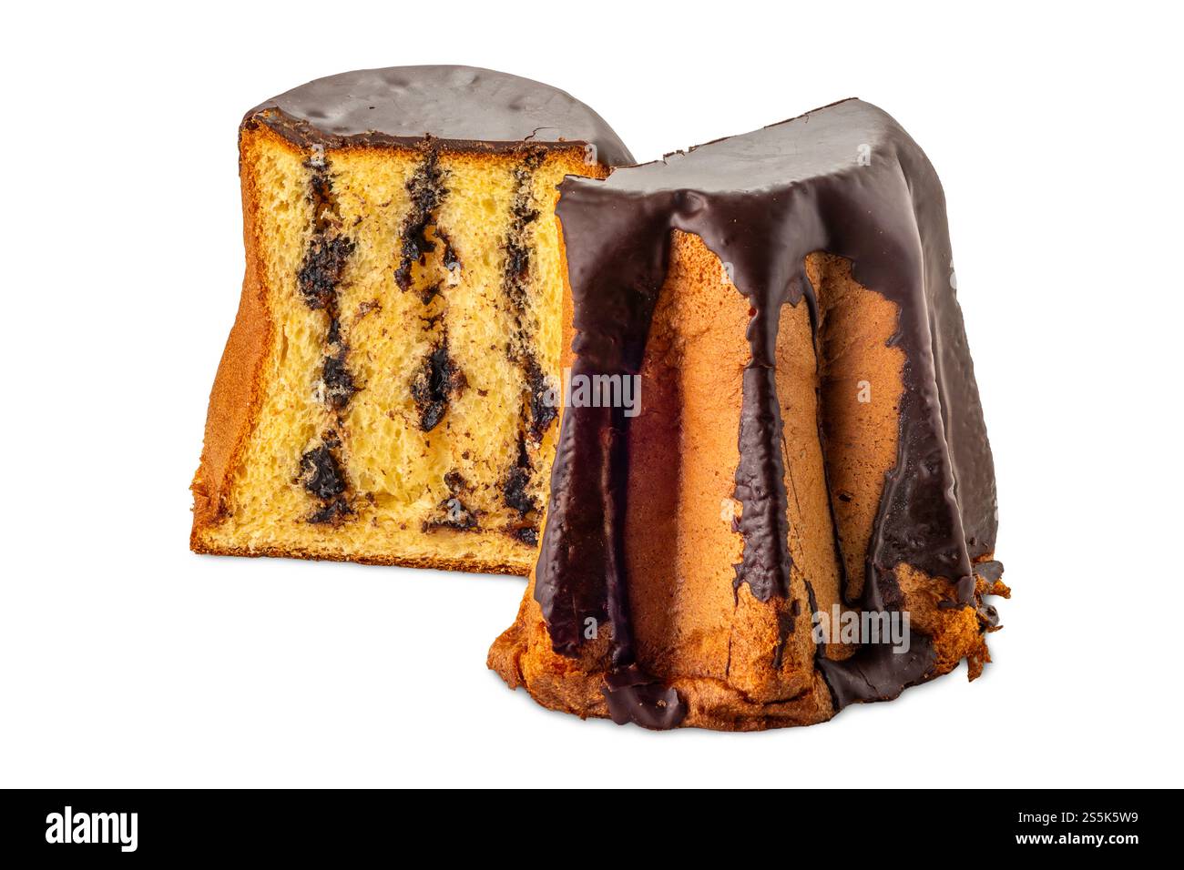 Pandoro cake covered and filled with chocolate cream isolated on white ...