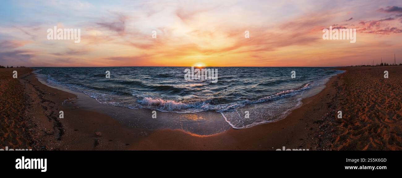 Colorful sea beach sunrise high resolution panorama (Strilkove village ...