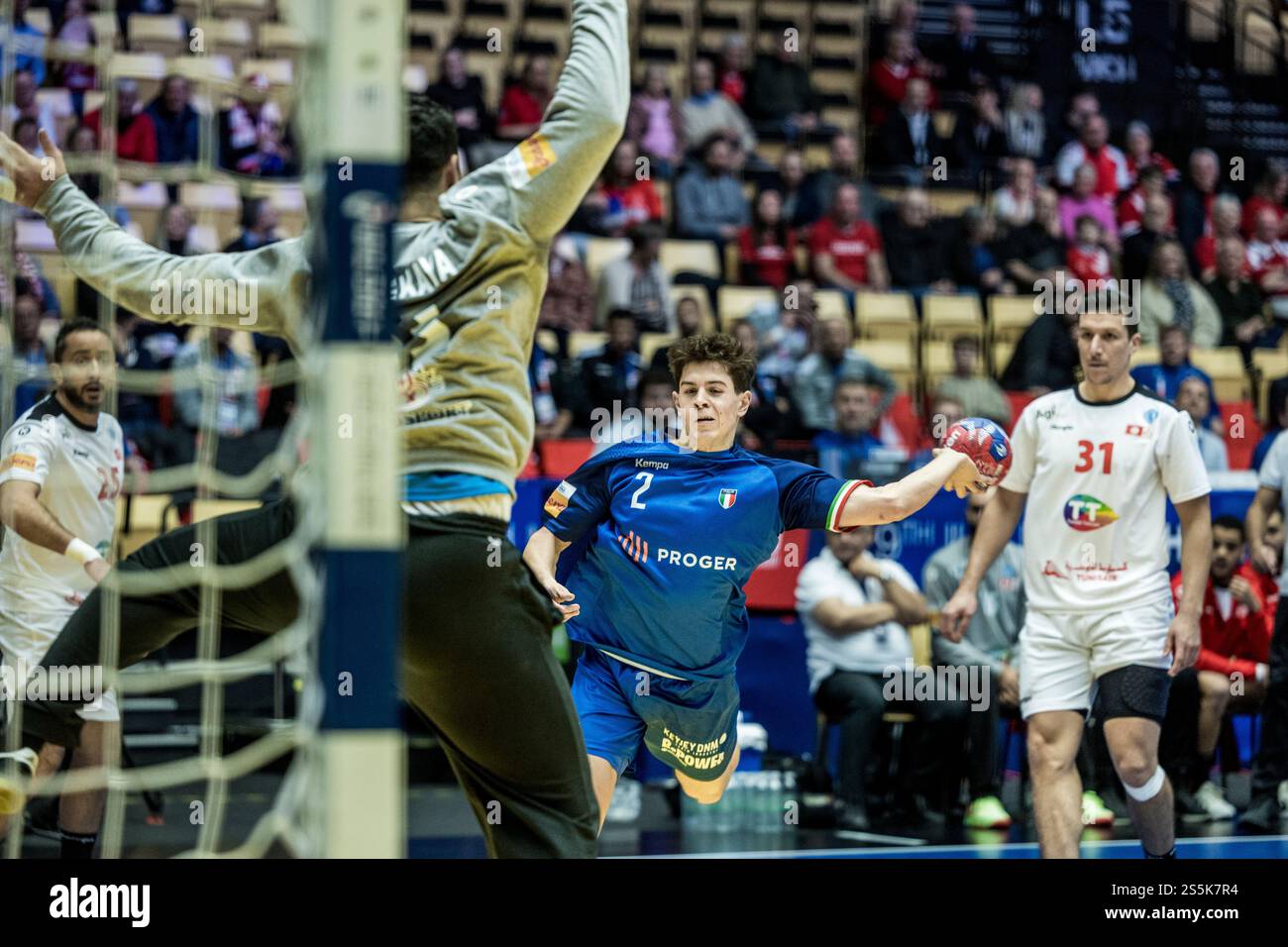 Herning, Denmark. 14th Jan, 2025. Leo Prantner (2) of Italy seen during the 2025 IHF Men's ...