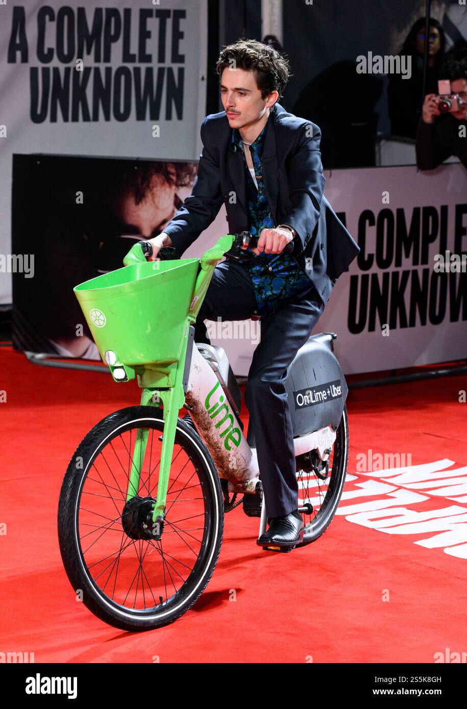 London, UK. January 14th, 2025. Timothee Chalamet arriving on a Lime Bike at the A Complete ...