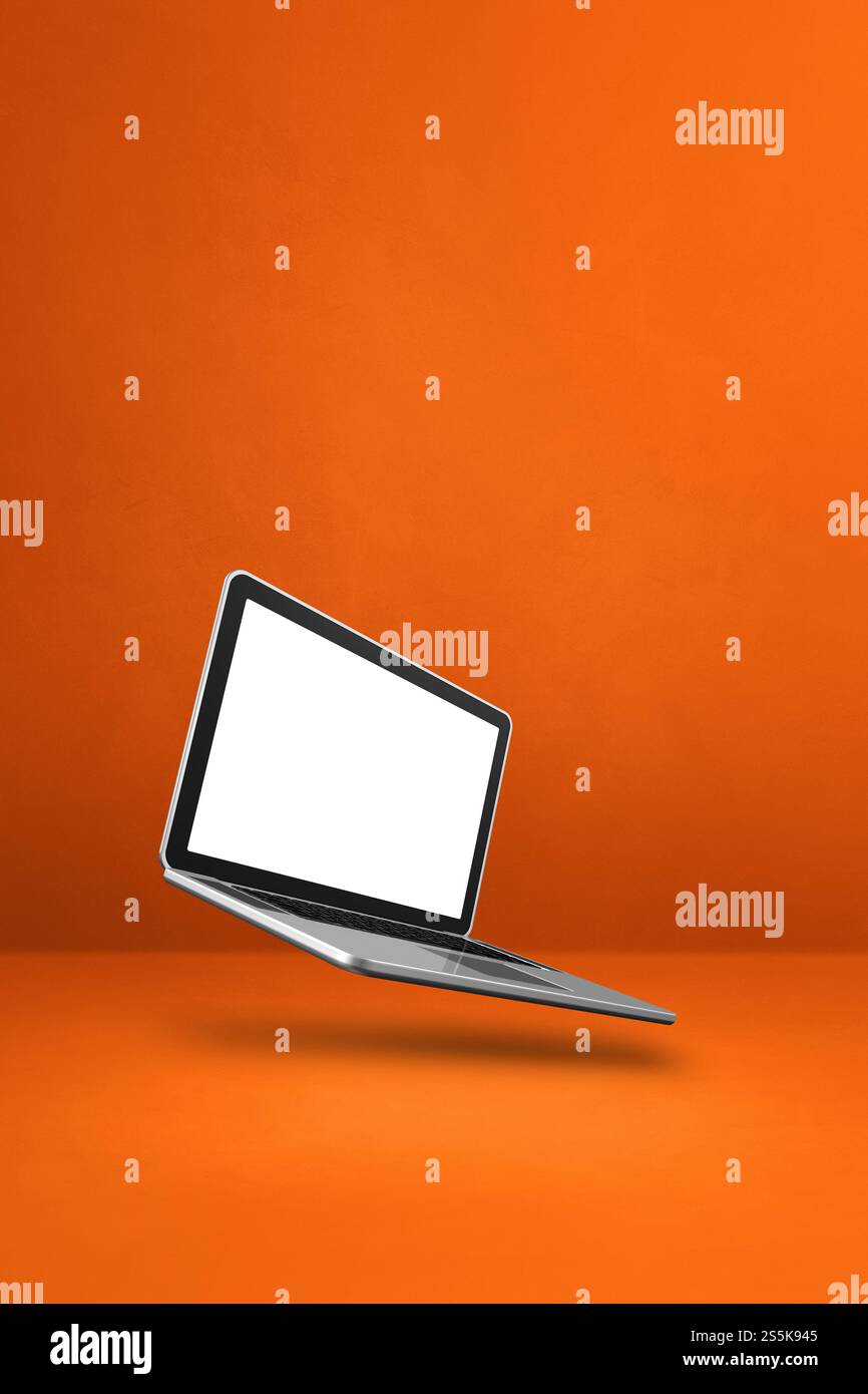 Blank computer laptop floating over an orange background. 3D isolated ...