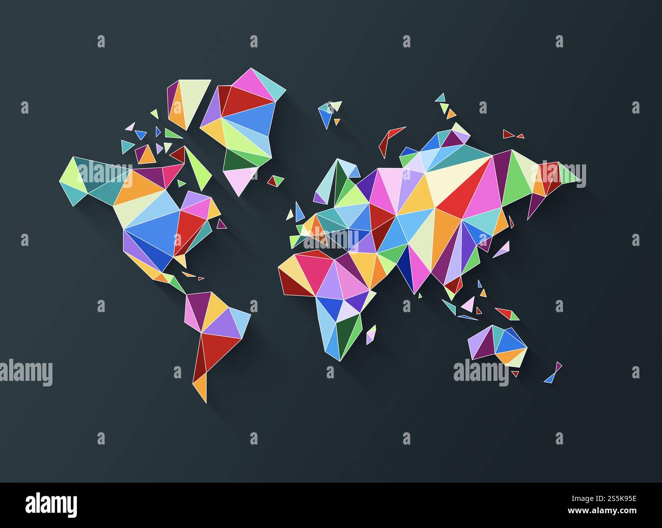 World map shape made of colorful polygons. 3D illustration isolated on ...