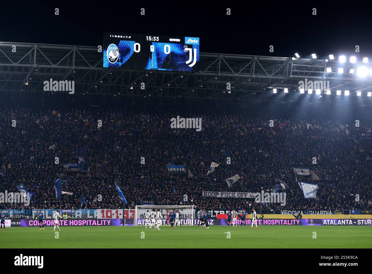 Bergamo, Italy. 14th Jan, 2025. Atalanta fans disaply a banner bearing ...