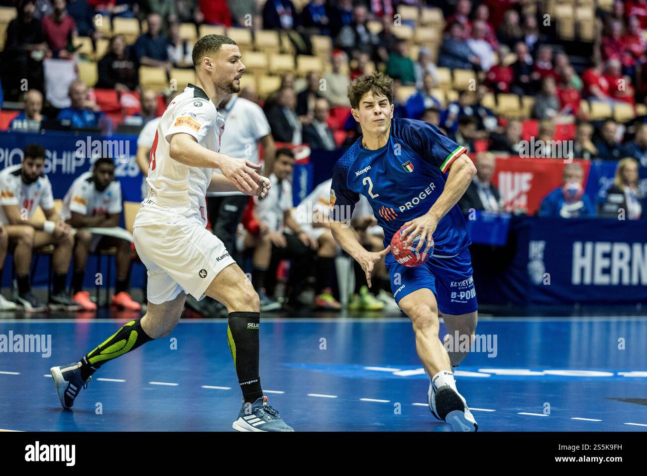 Herning, Denmark. 14th Jan, 2025. Leo Prantner (2) of Italy seen during the 2025 IHF Men's ...