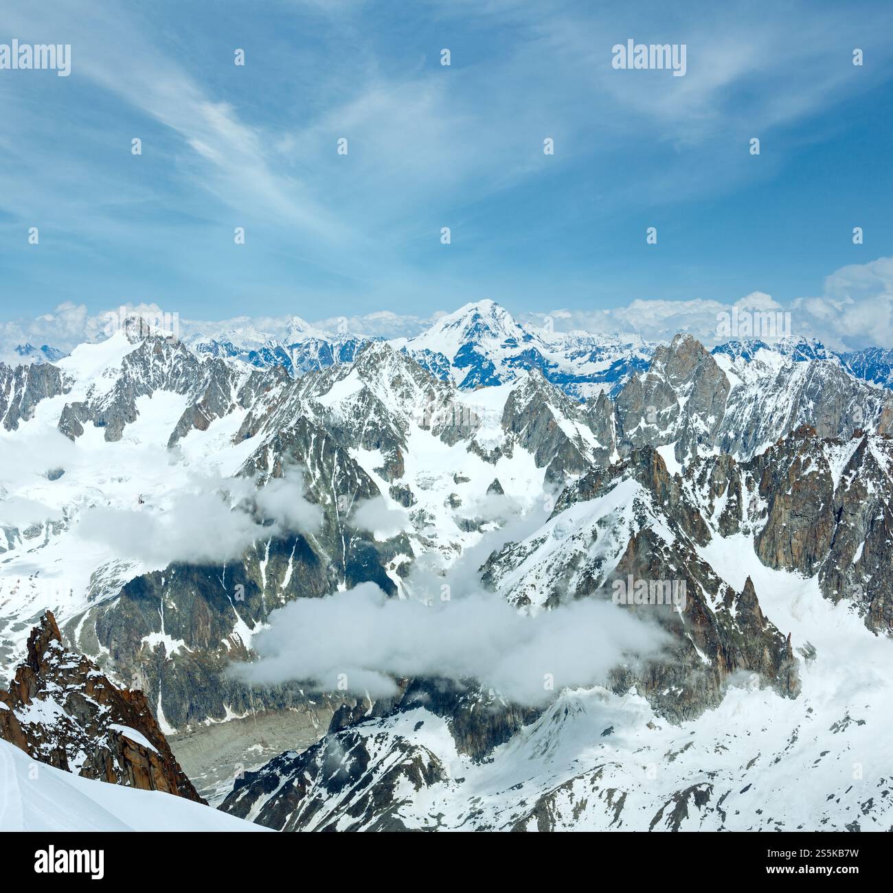 Mont Blanc mountain massif summer landscape(view from Aiguille du Midi Mount, French ) and ...