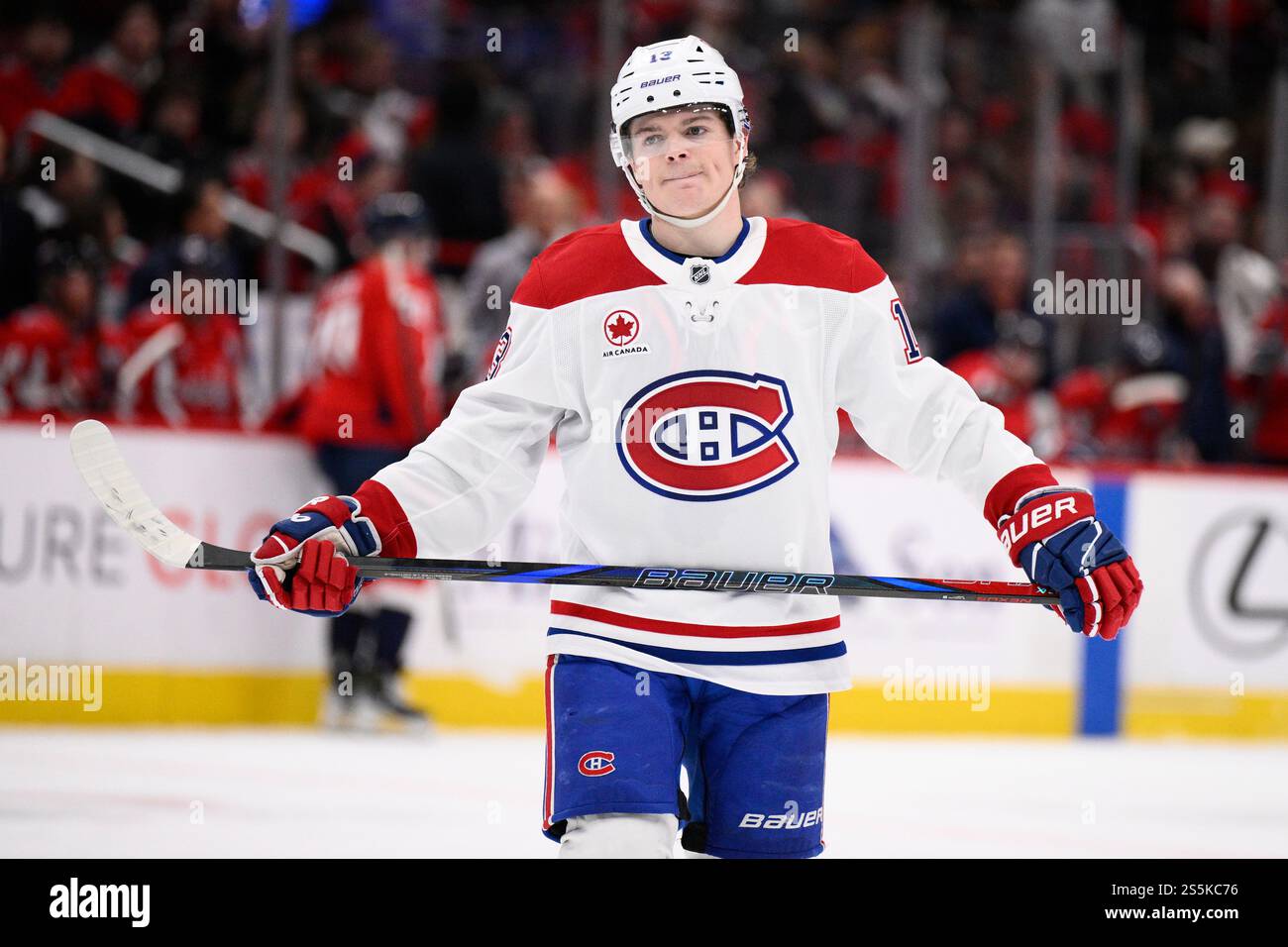 Montreal Canadiens right wing Cole Caufield (13) looks on during the ...
