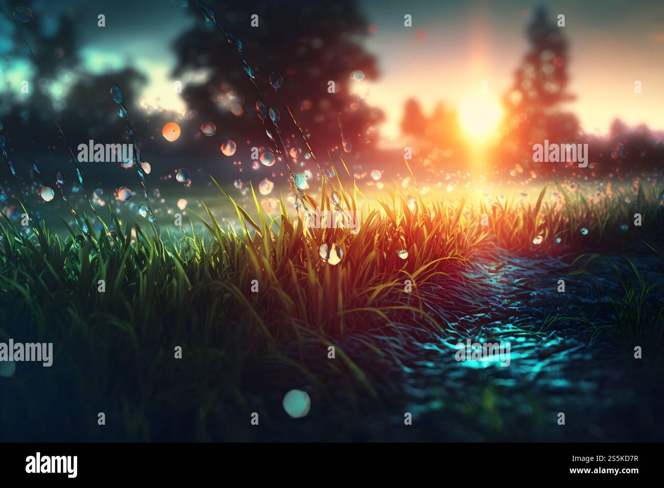 Grass filled with dew on a sunrise morning. Neural network AI generated ...