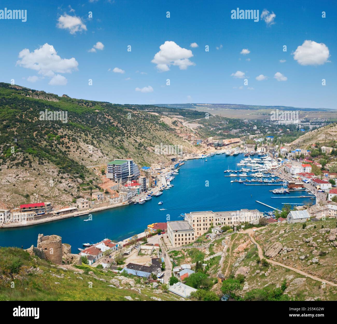 Summer view of seafront with ships at pier (Balaclava Town, Crimea ...