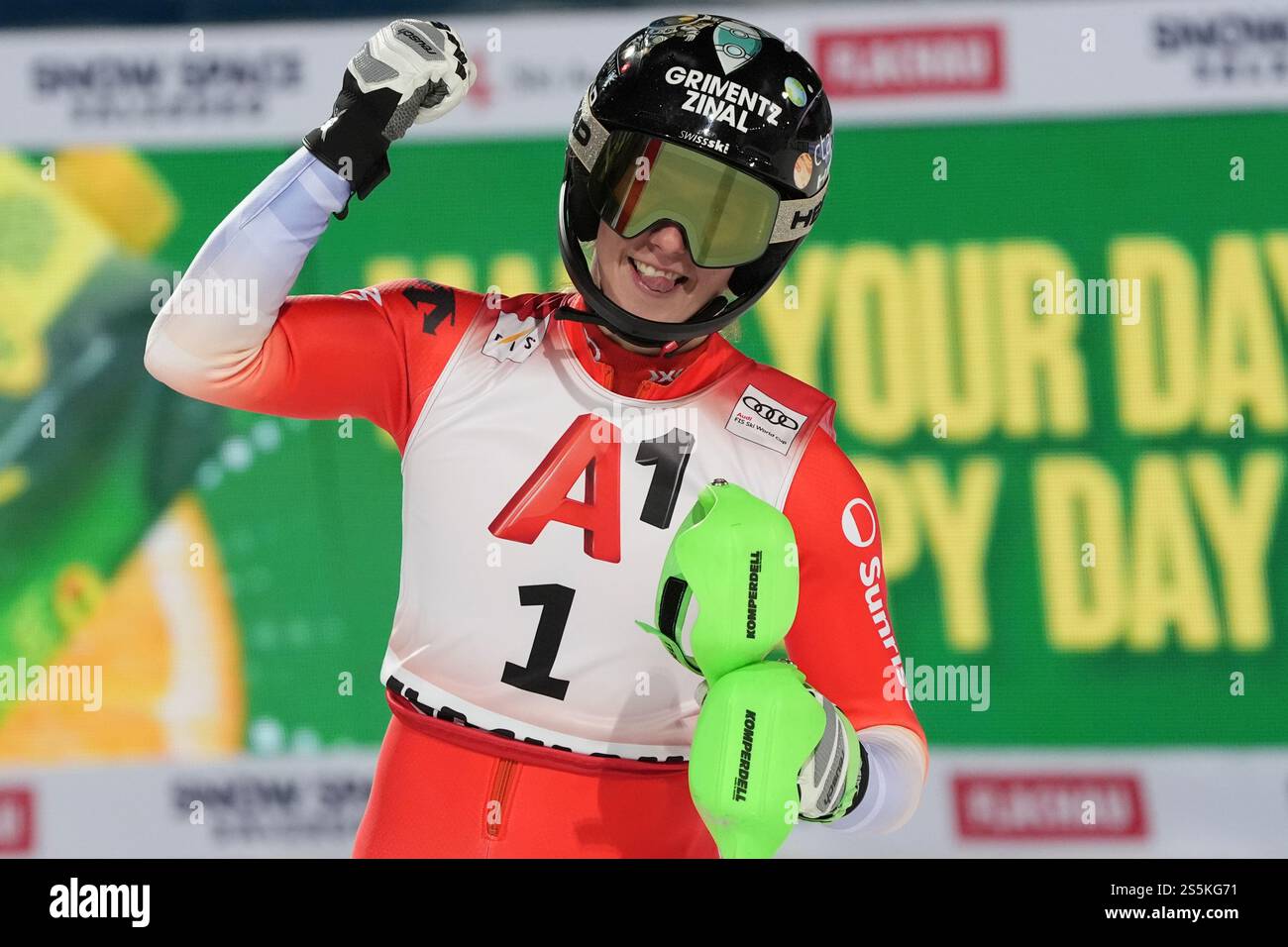 Switzerland's Camille Rast gets to the finish area after completing an ...