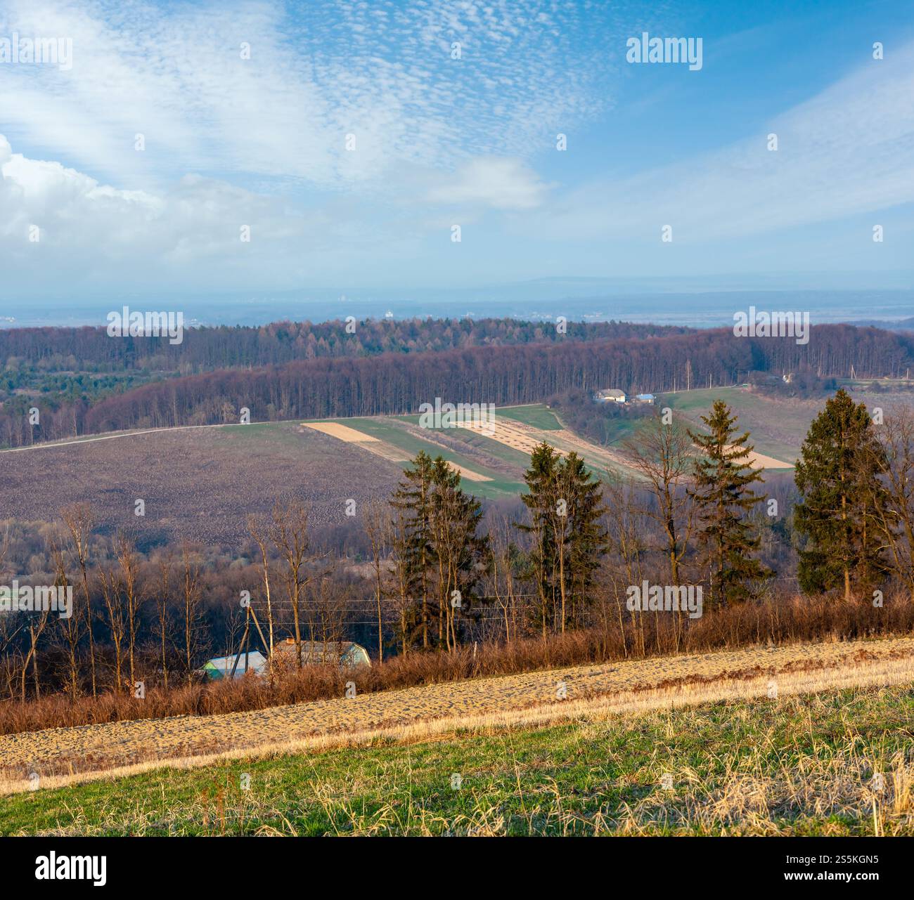Spring morning rural country landscape with plowed agricultural fields ...