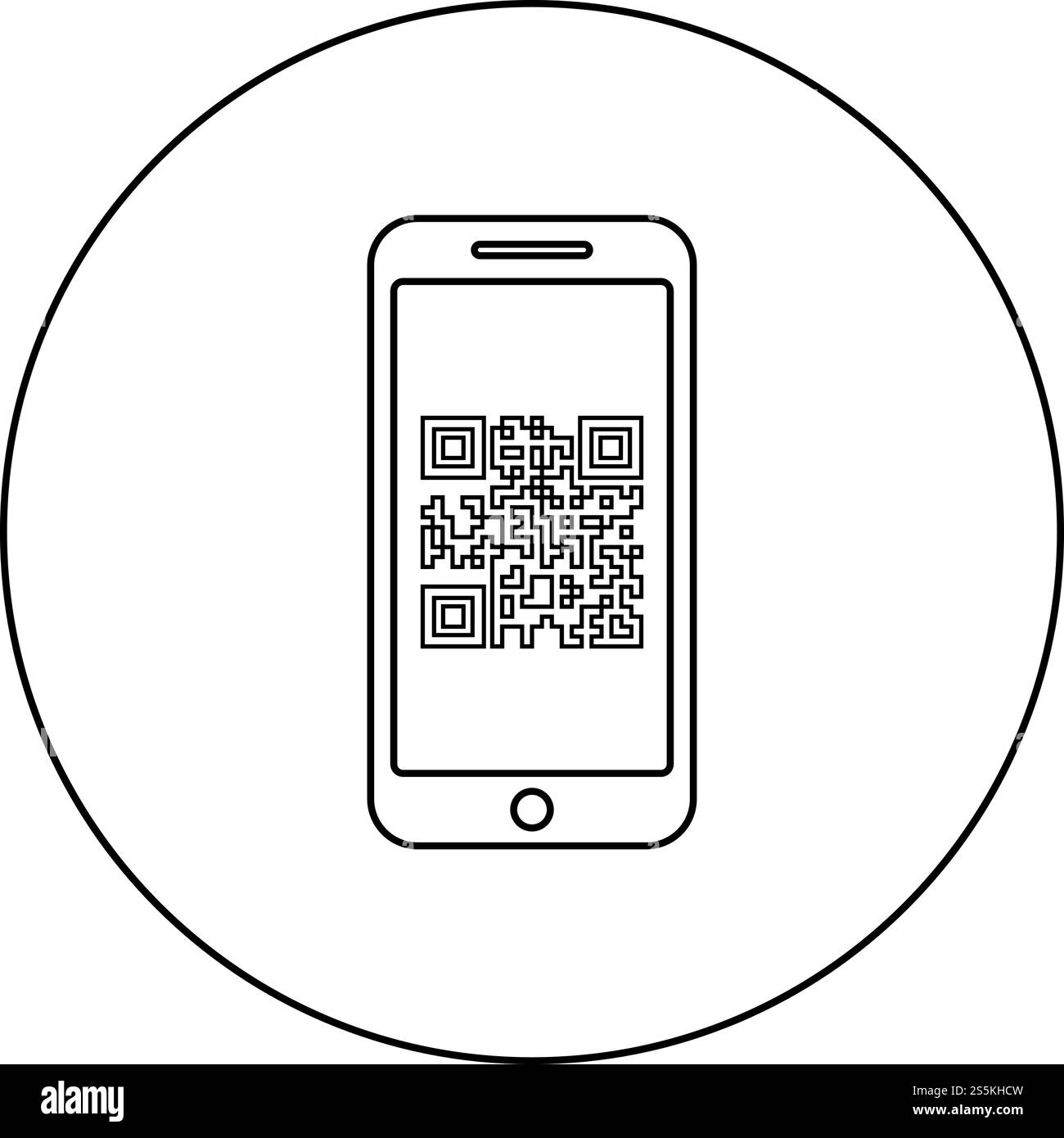 Smartphone with QR code on screen icon in circle round outline black ...