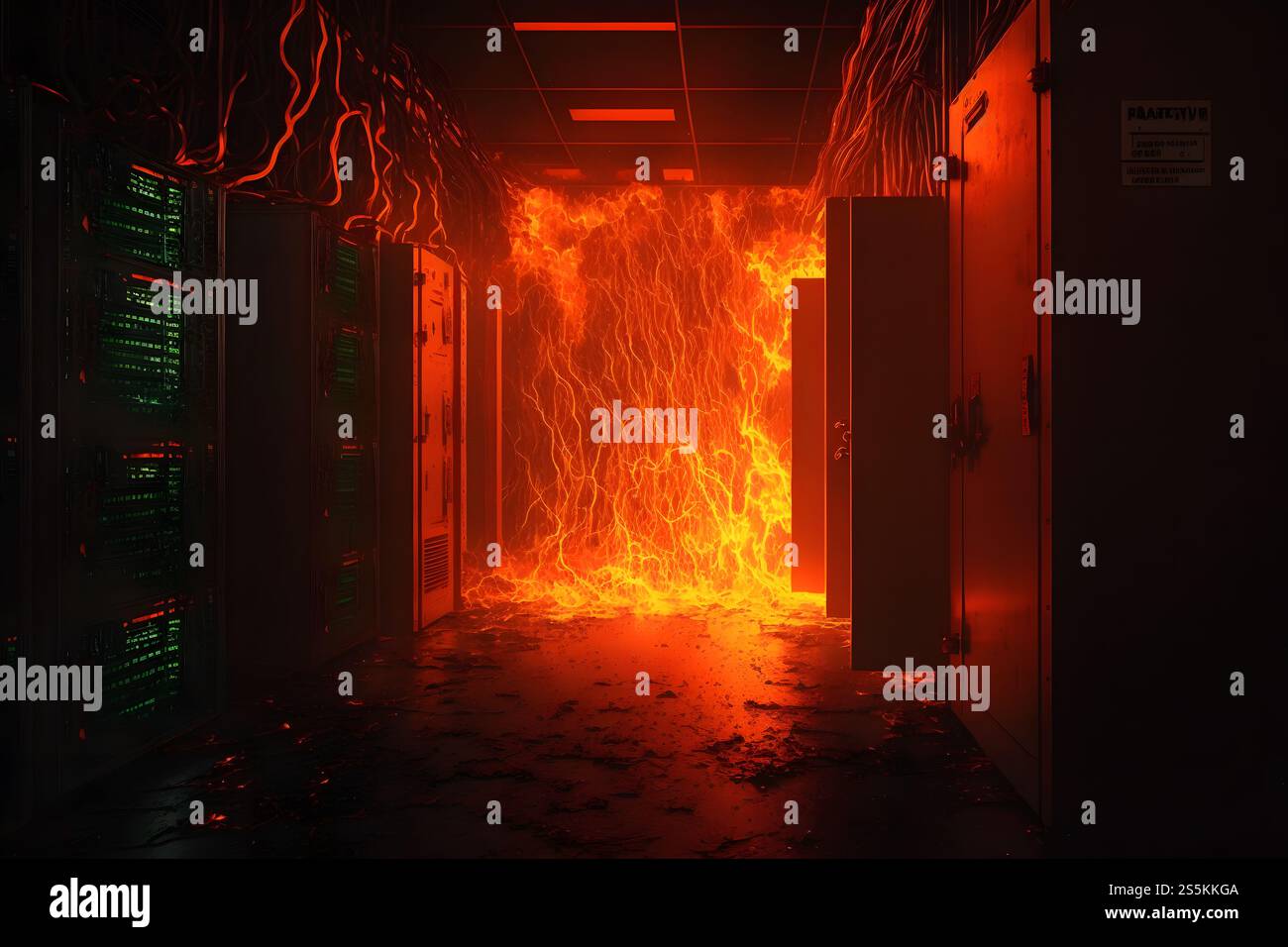 Disaster in server room or data center storage room on fire burning ...