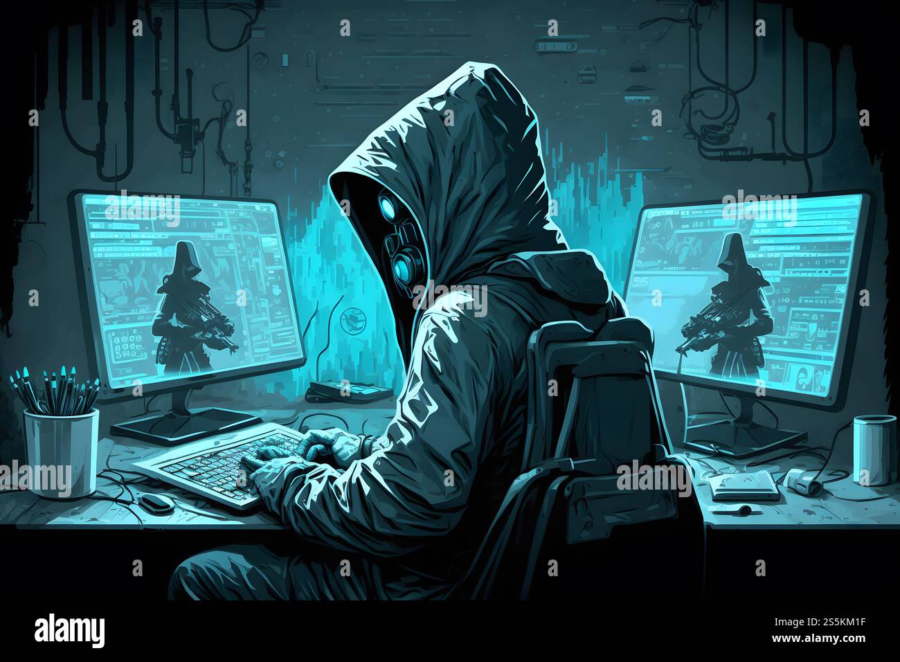Hacker in a blue hoody standing in front of a code background. Neural network AI generated art ...