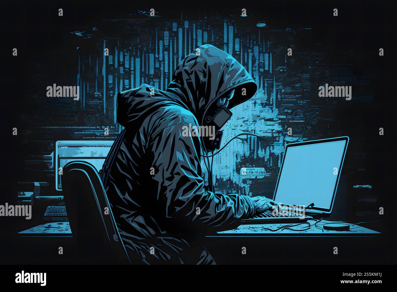 Hacker in a blue hoody standing in front of a code background. Neural network AI generated art ...
