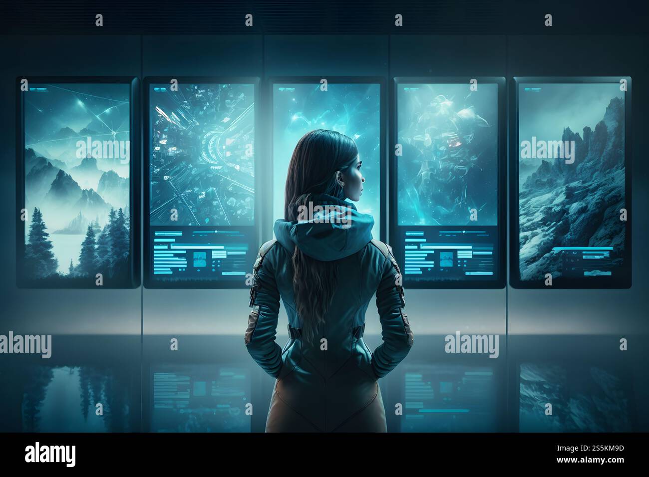 Futuristic girl astronaut on a spaceship looks into the monitors of a ...