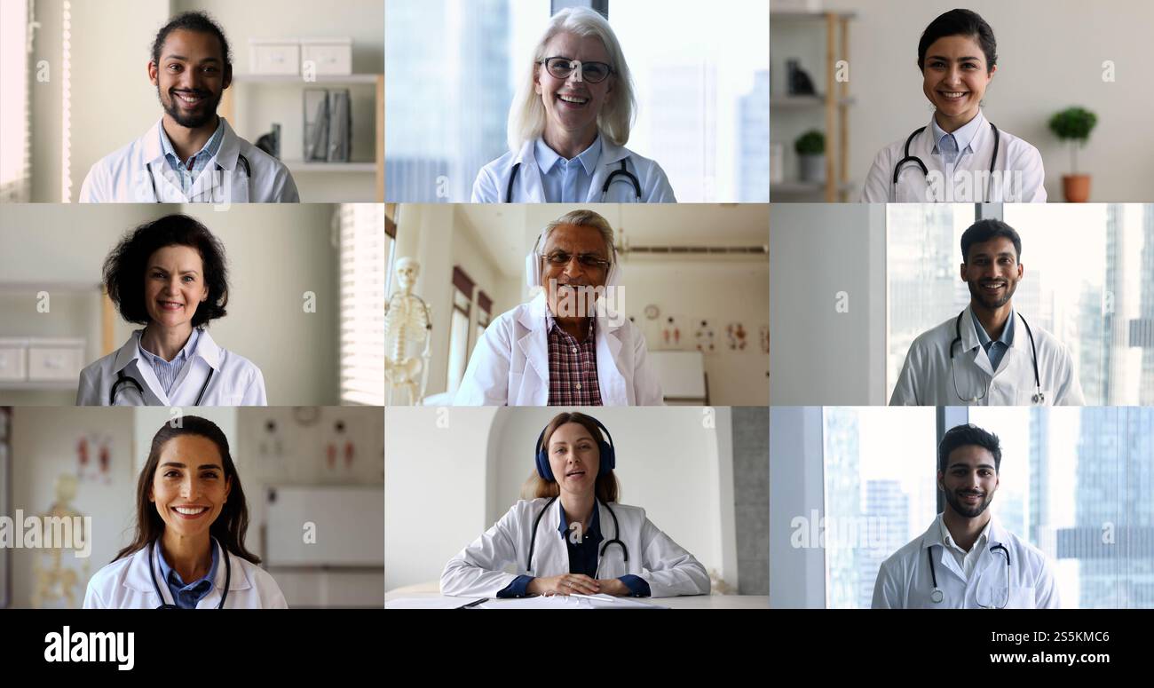 Collage view diverse doctors having virtual meeting to share opinions ...