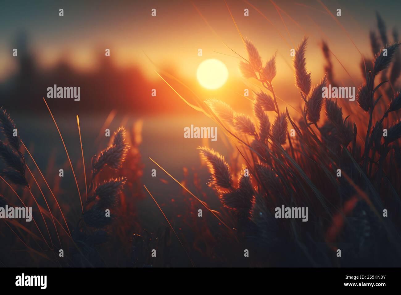 Grass filled with dew on a sunrise morning. Neural network AI generated ...