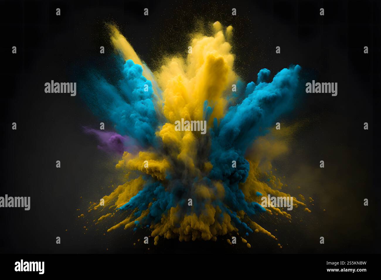 Explosion of yellow and blue color paint powder on black background ...