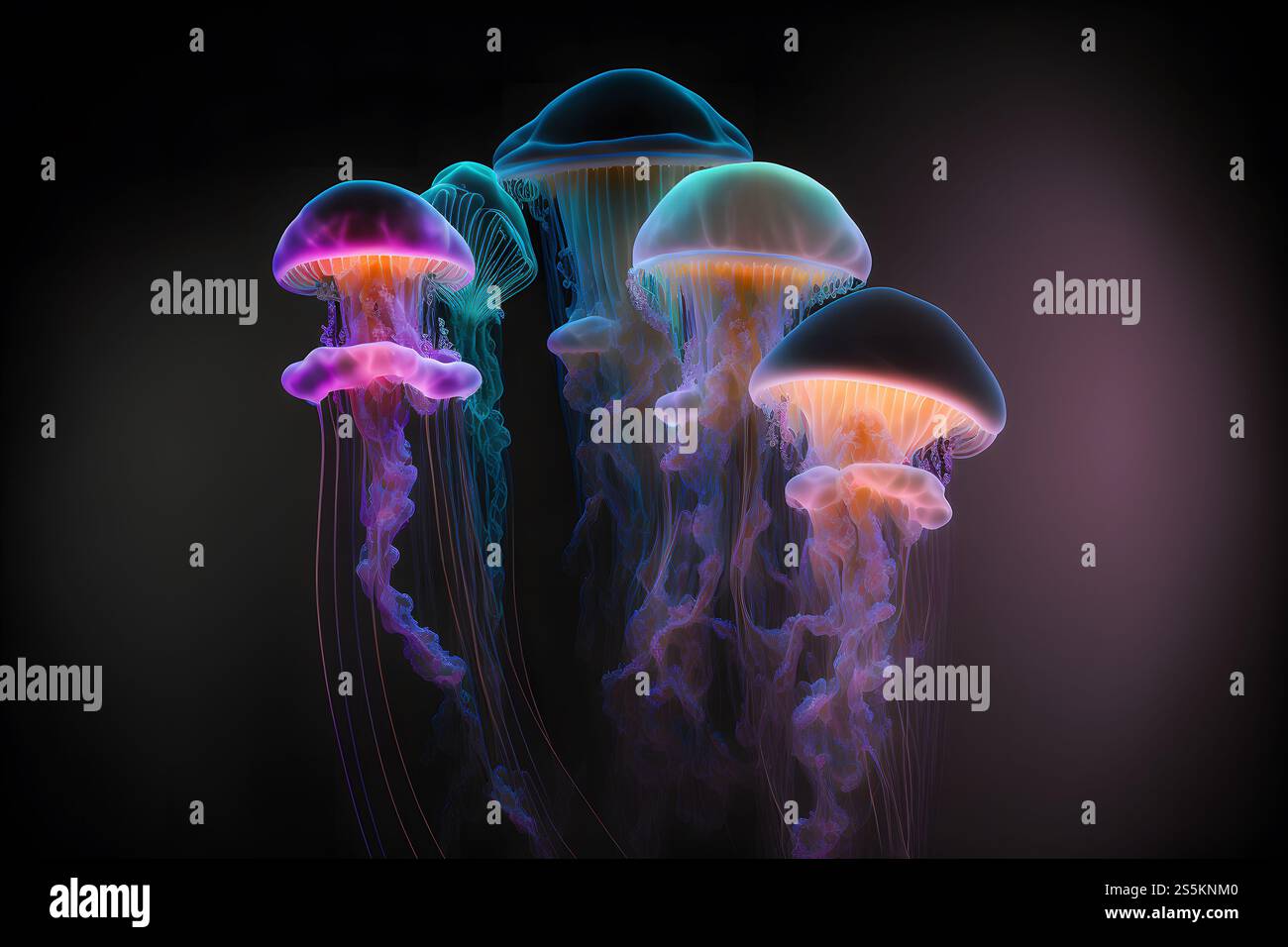Group of clear glowing neon color light jelly fish in deep dark water. Neural network AI ...