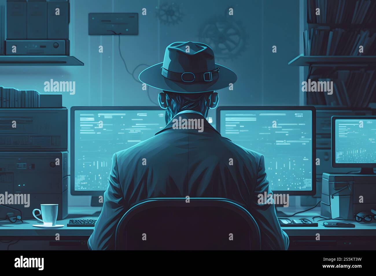 Hacker in a blue hoody standing in front of a code background. Neural ...