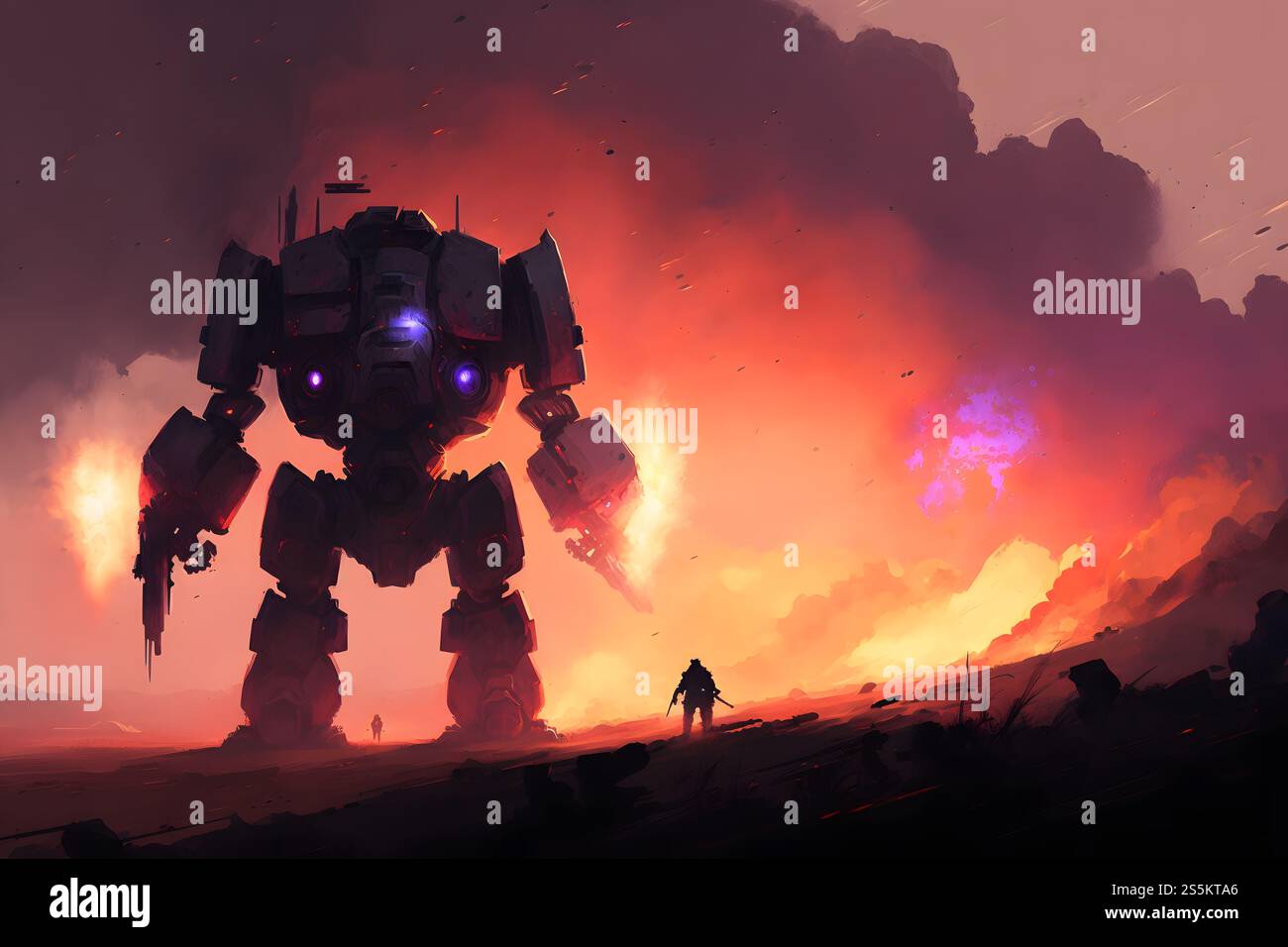 Post apocalypse concept, uprising of robots, battle of man and cyborg. Neural network AI ...