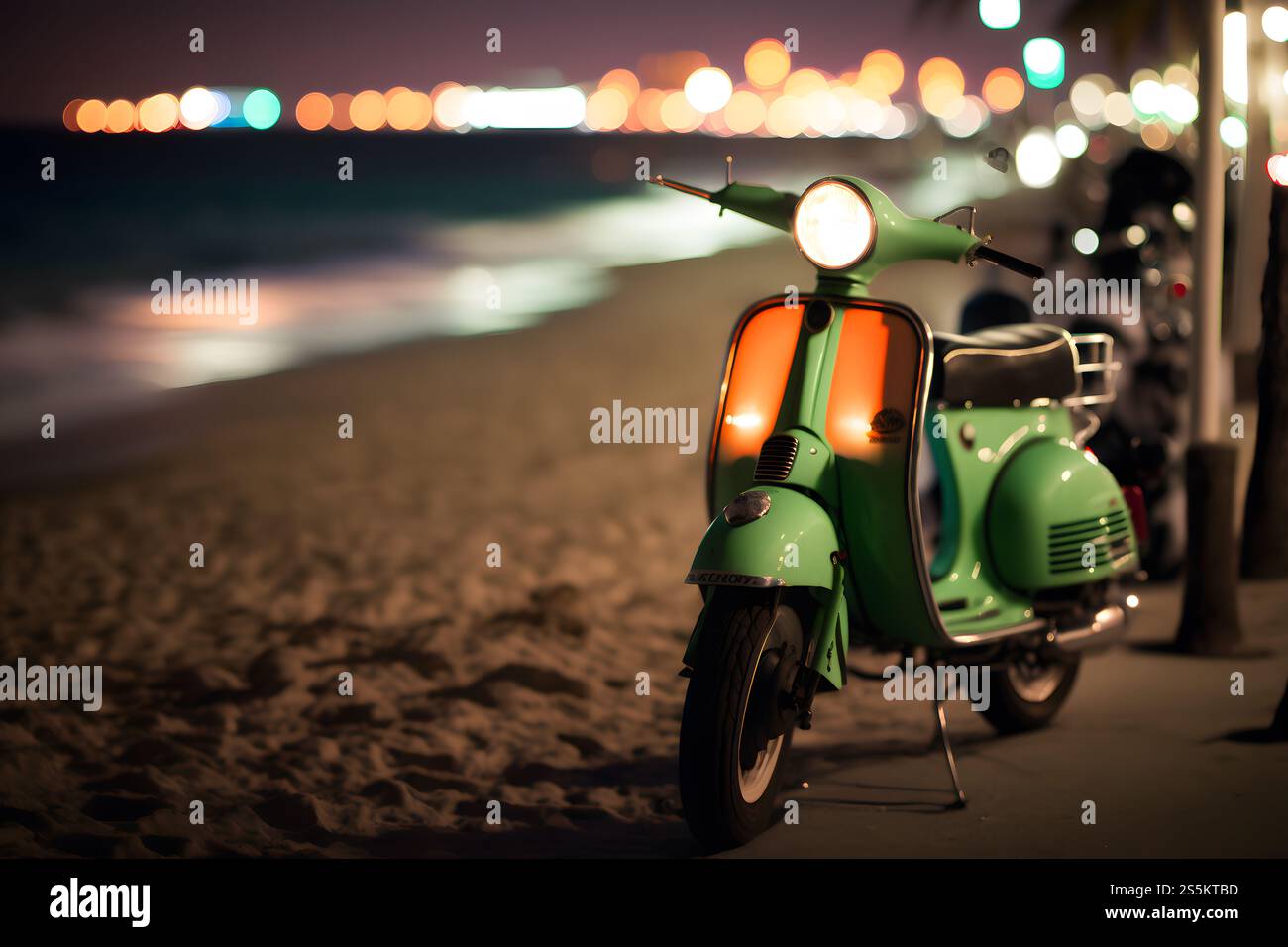 Scooter moped at ocean drive miami beach at night with neon lights from ...