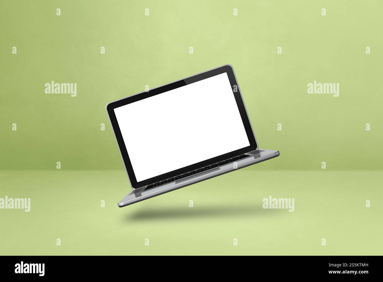 Blank computer laptop floating over a green background. 3D isolated ...