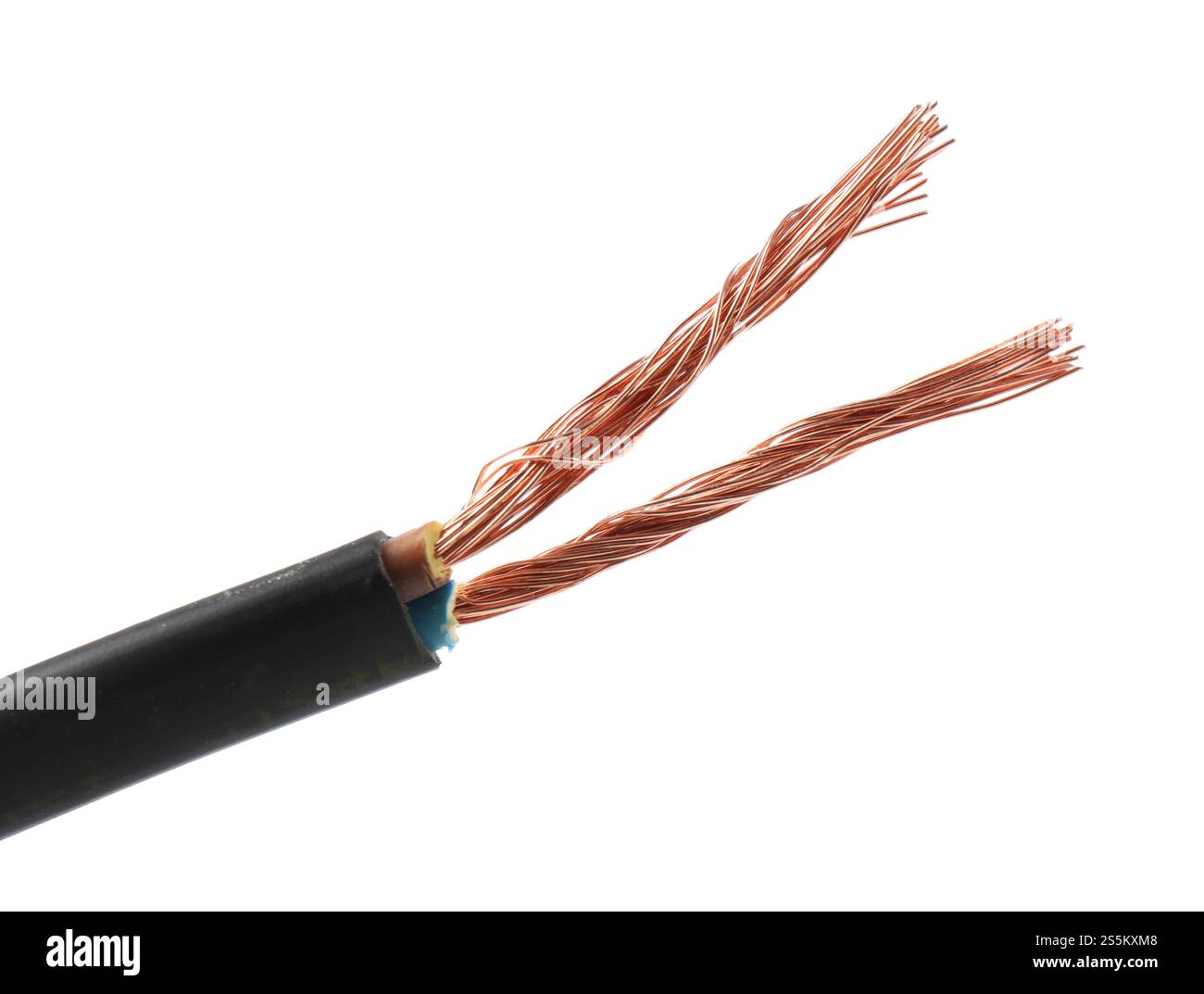 Stripped electrical wire with copper strands on white background Stock ...