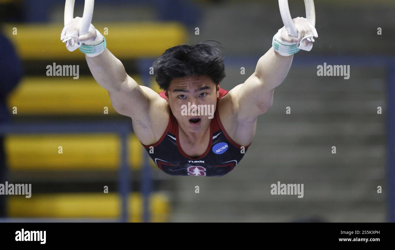 Asher Hong of Stanford competes on the rings during an NCAA gymnastics ...