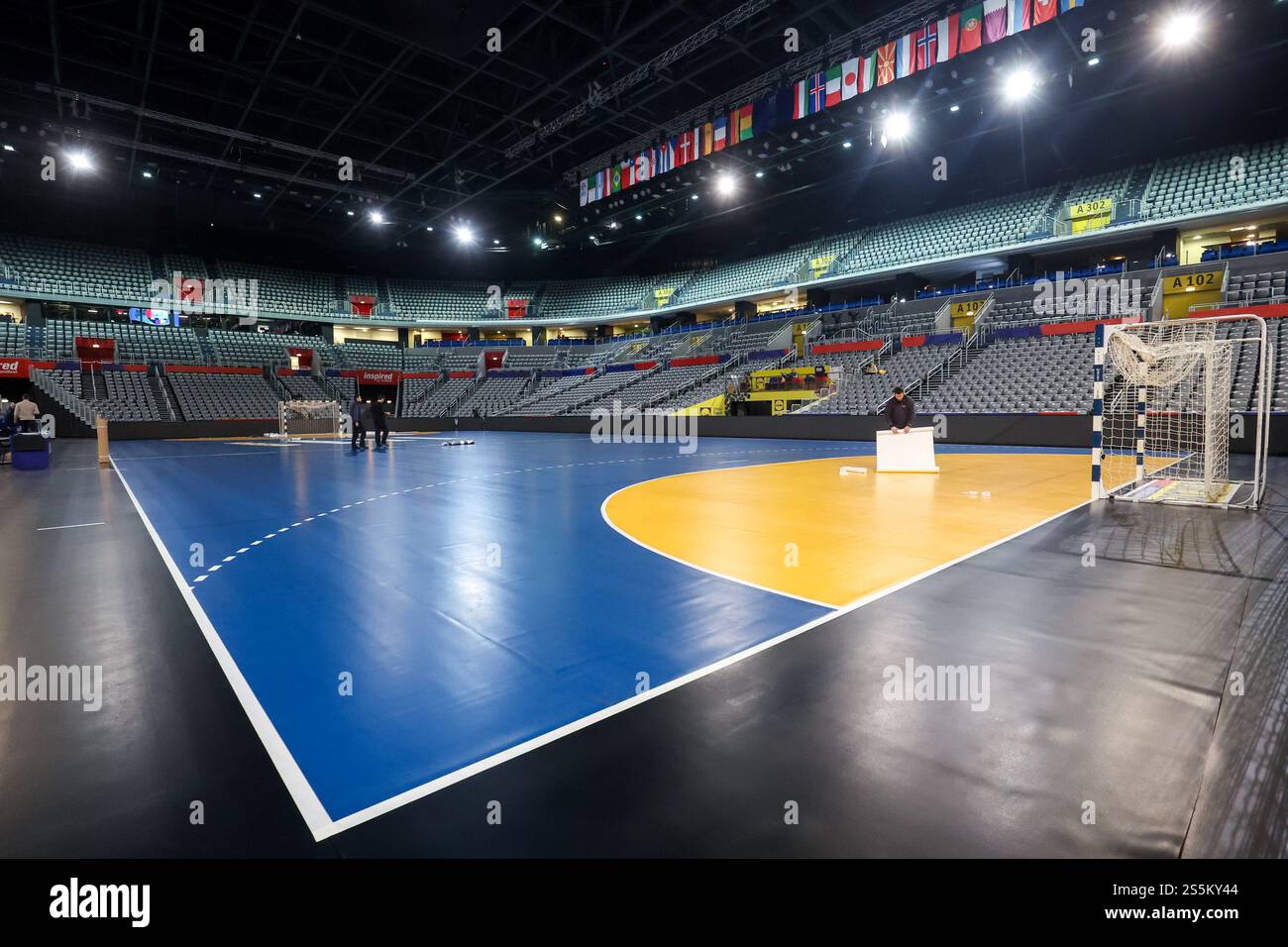 A general view shows the spectator stand and the field of play at Arena ...