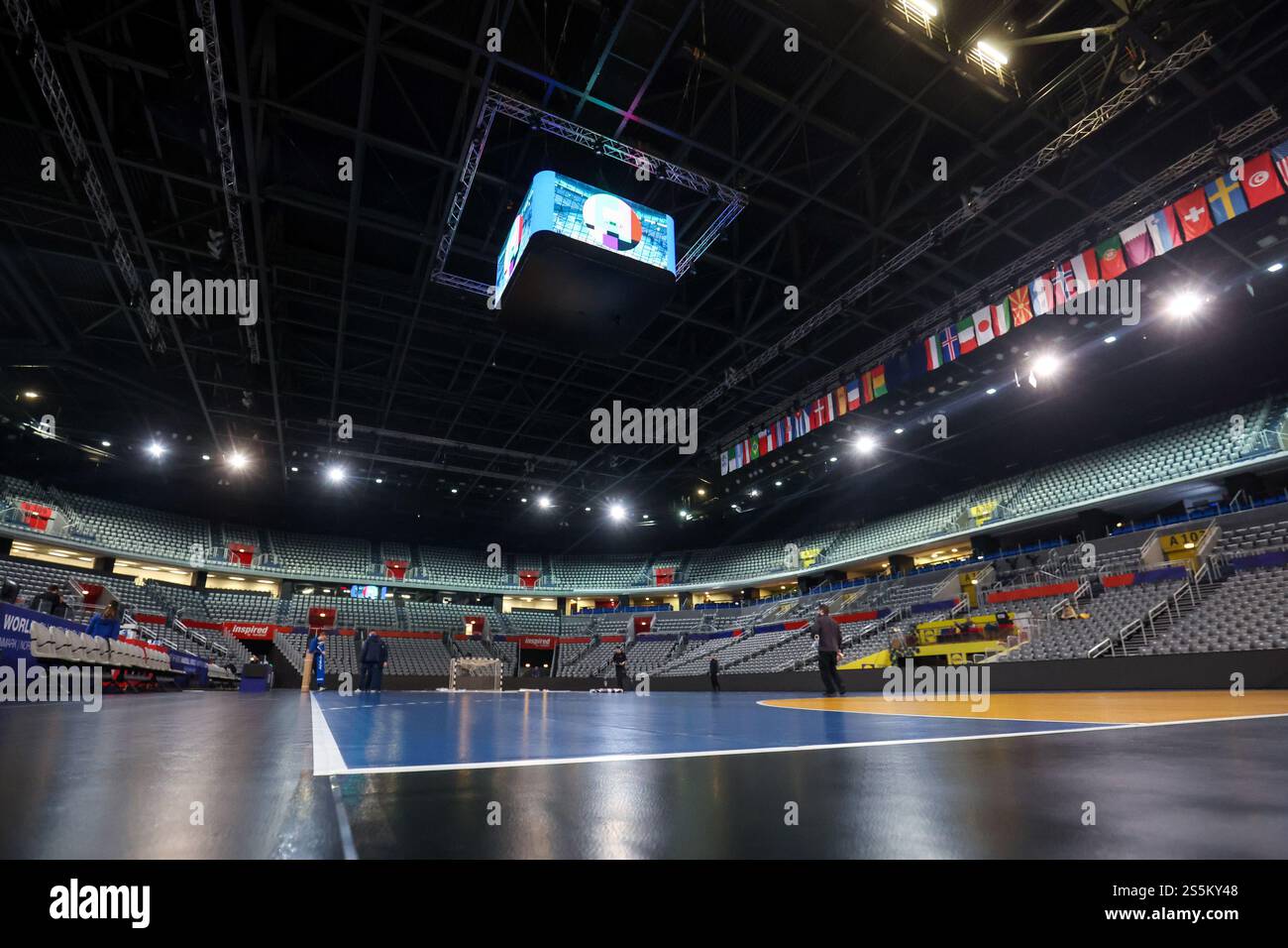 A general view shows the spectator stand and the field of play at Arena ...