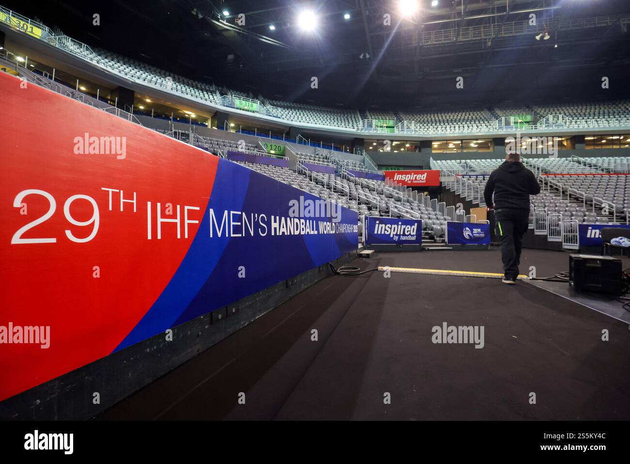 A general view shows the spectator stand and the field of play at Arena ...
