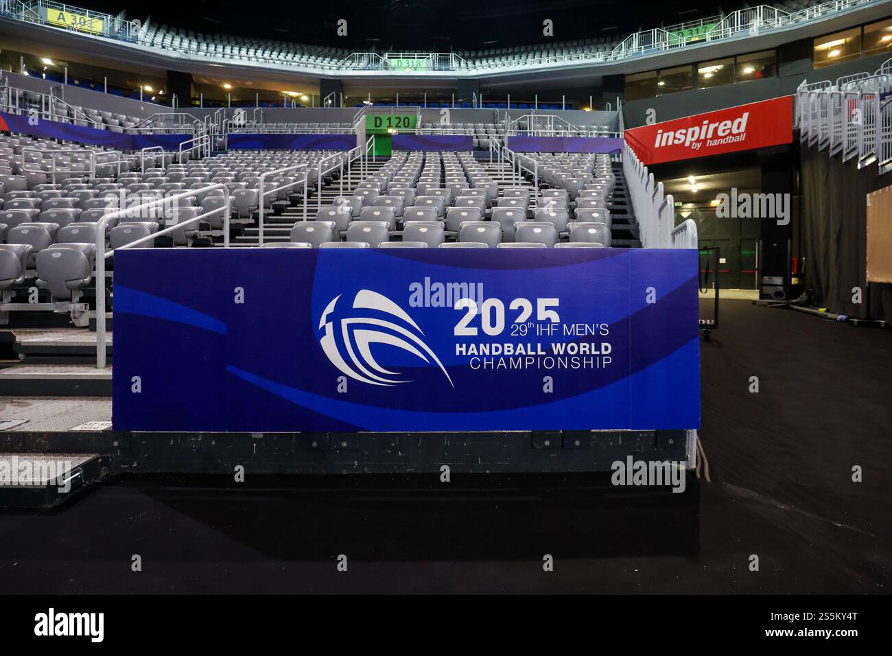 A general view shows the spectator stand and the field of play at Arena ...