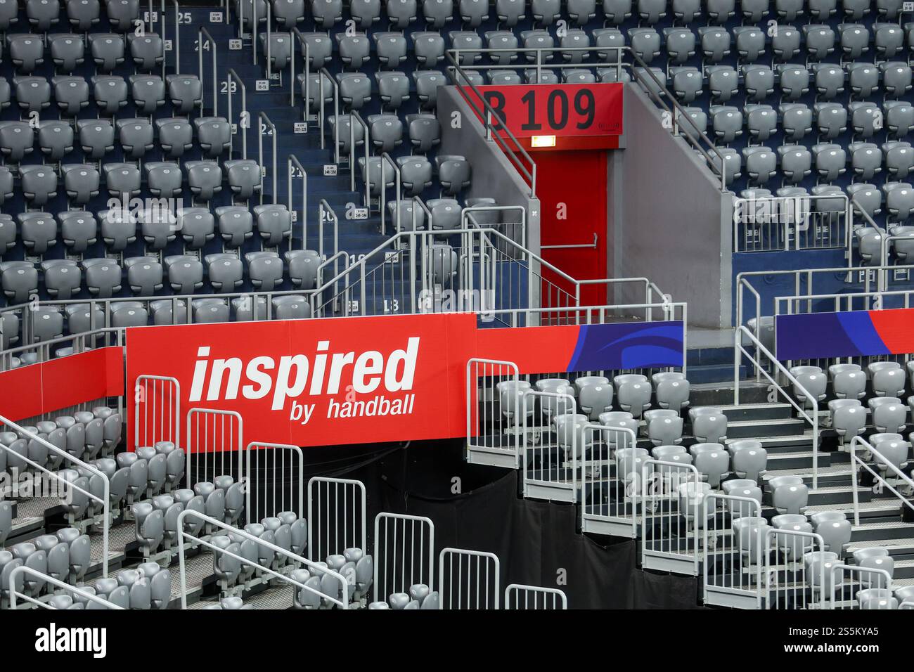 A general view shows the spectator stand and the field of play at Arena ...