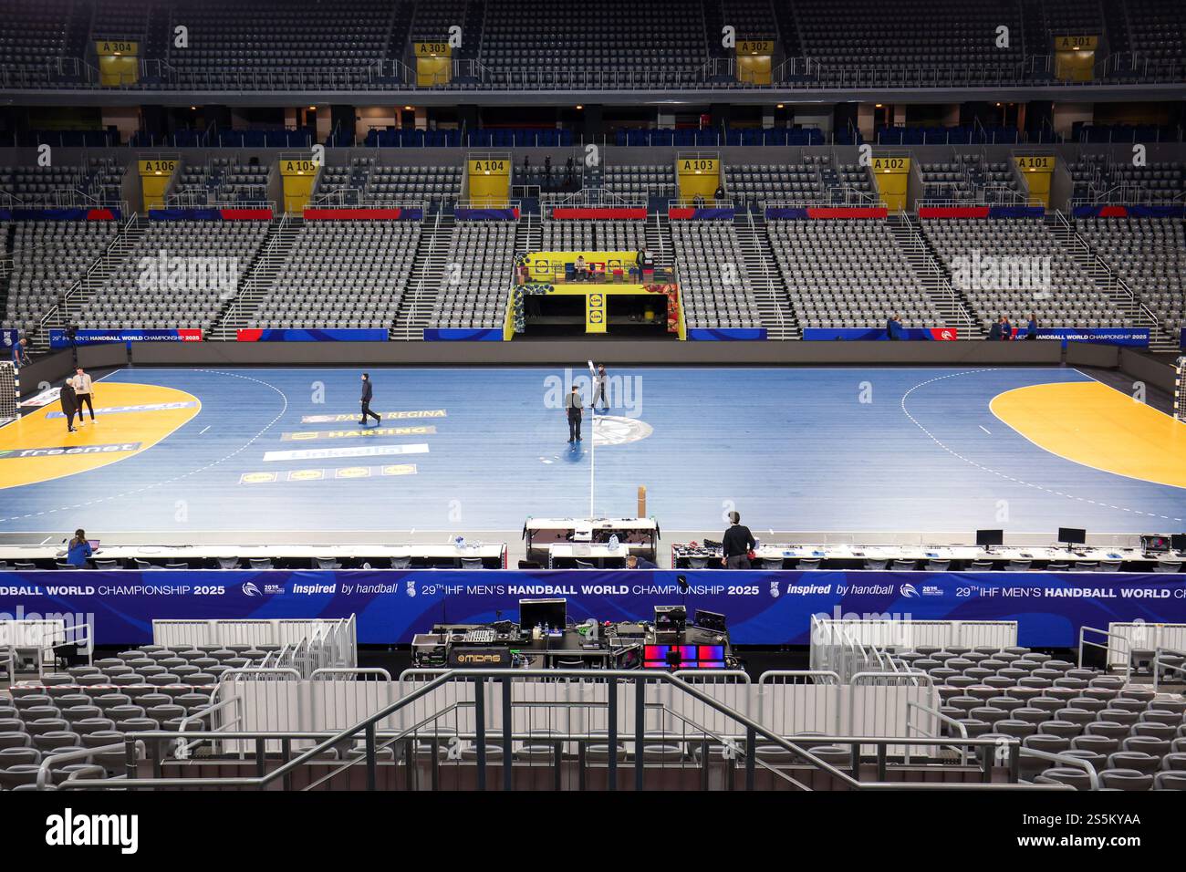 A general view shows the spectator stand and the field of play at Arena ...