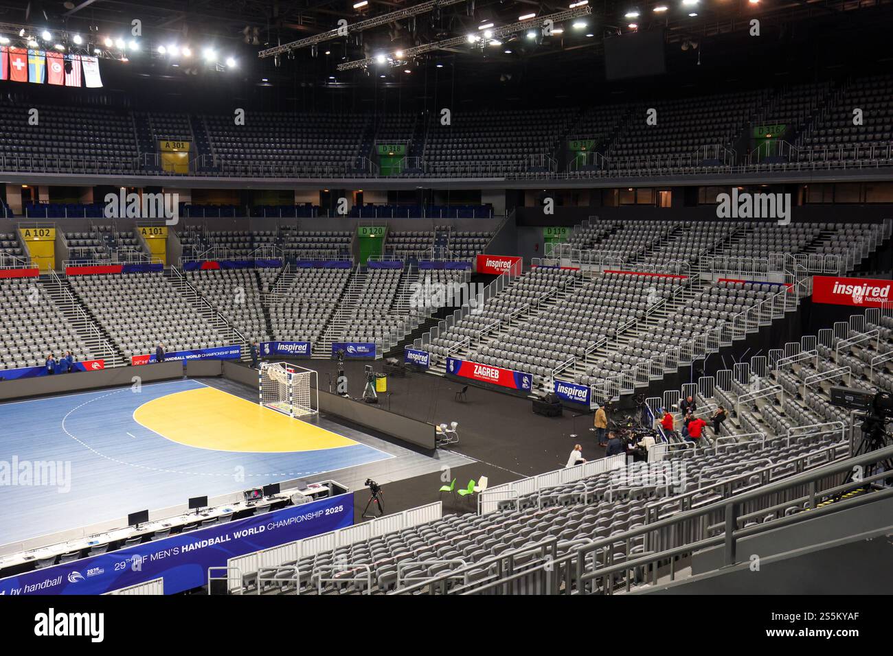 A general view shows the spectator stand and the field of play at Arena ...