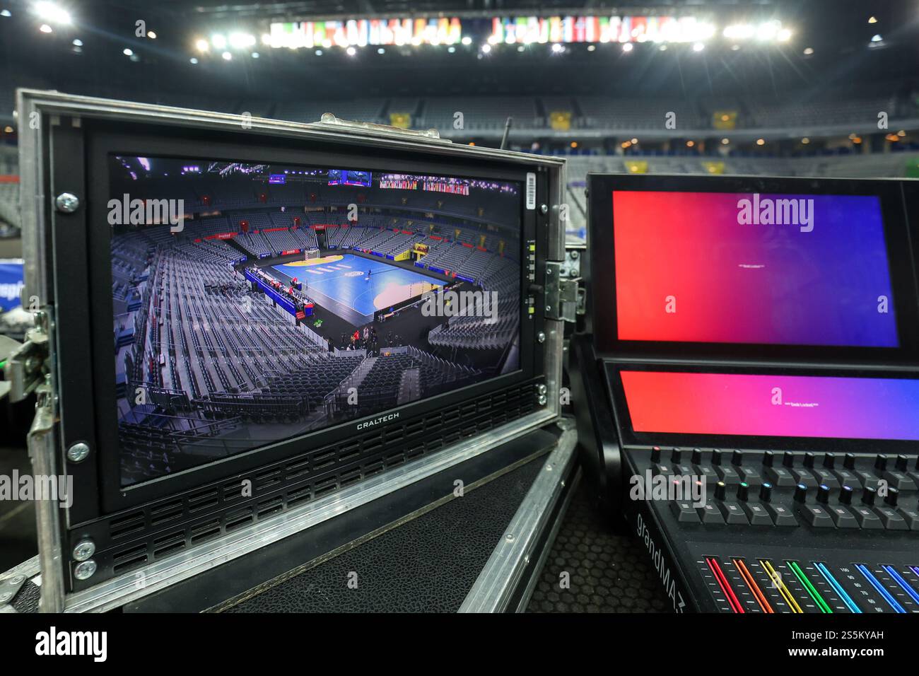 A general view shows the spectator stand and the field of play at Arena ...